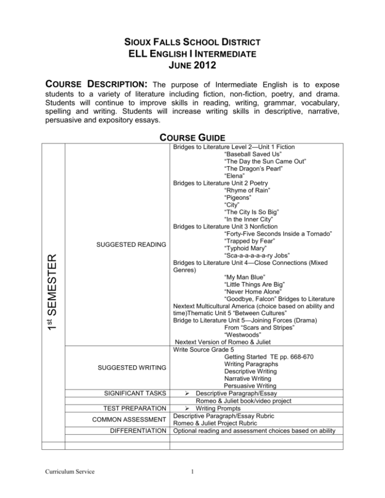 ELL English I Intermediate June 2012