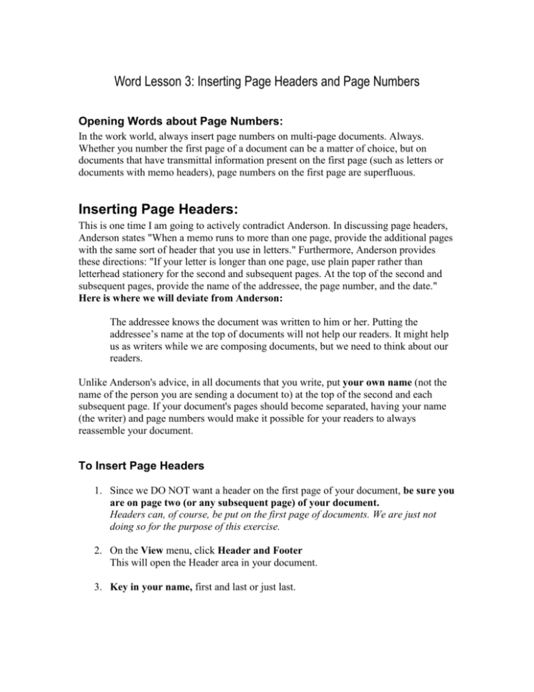 Inserting Headers And Inserting Page Numbers