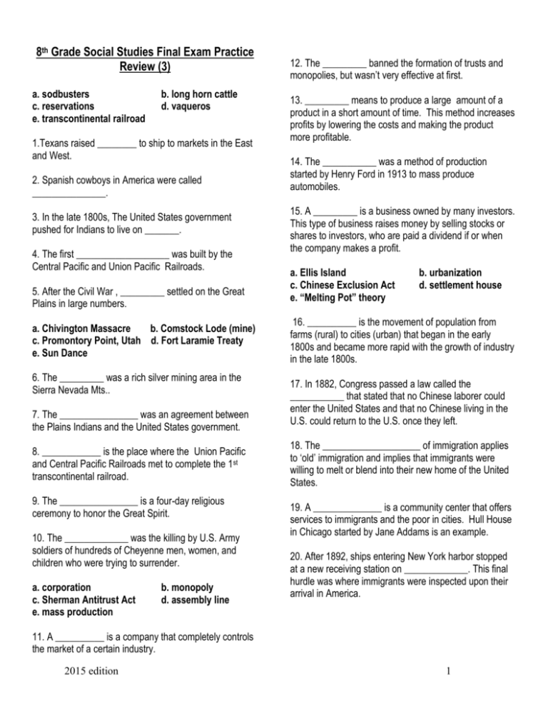 8th Grade Social Studies Final Exam