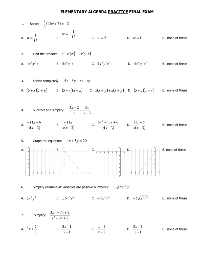 ELEMENTARY ALGEBRA PRACTICE FINAL SOLUTIONS