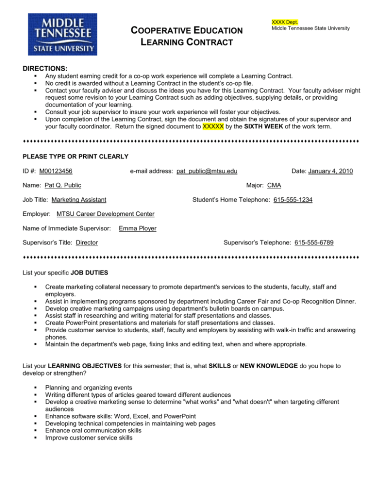 Learning Contract Example Completed By Student