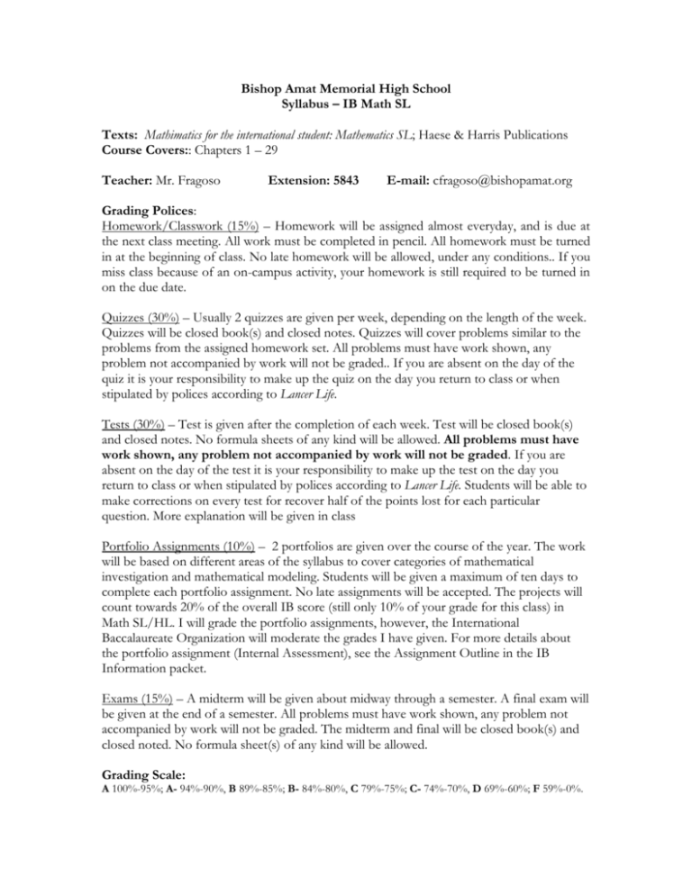 IB Math Sl Syllabus Bishop Amat Memorial High School