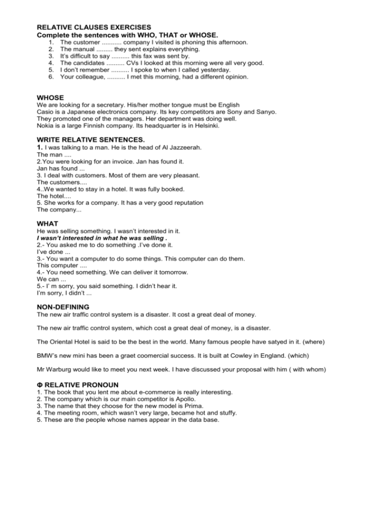 RELATIVE CLAUSES EXERCISES