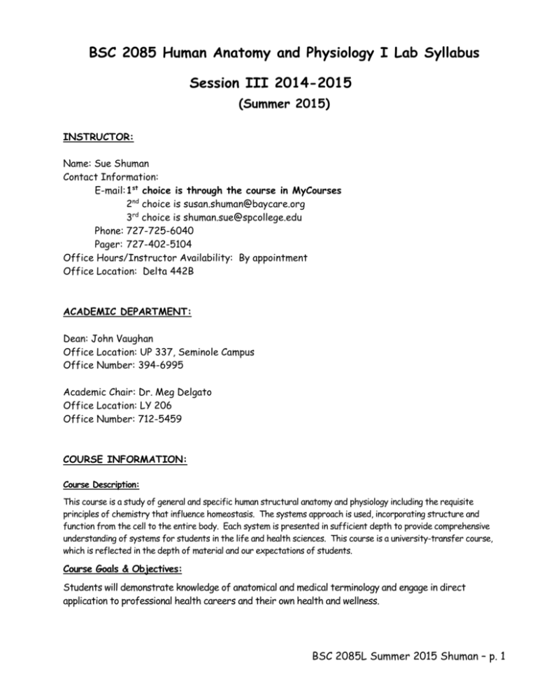 BSC 2085 Human Anatomy And Physiology I Lab Syllabus