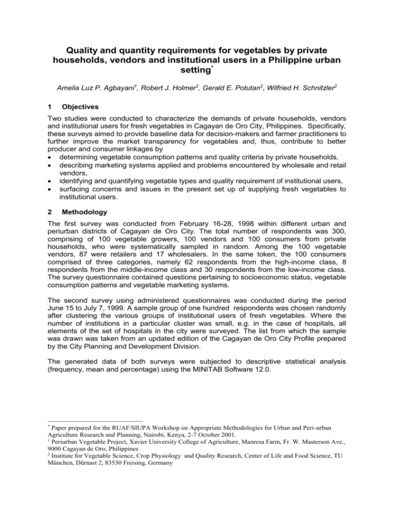 Quality and quantity requirements for vegetables by private