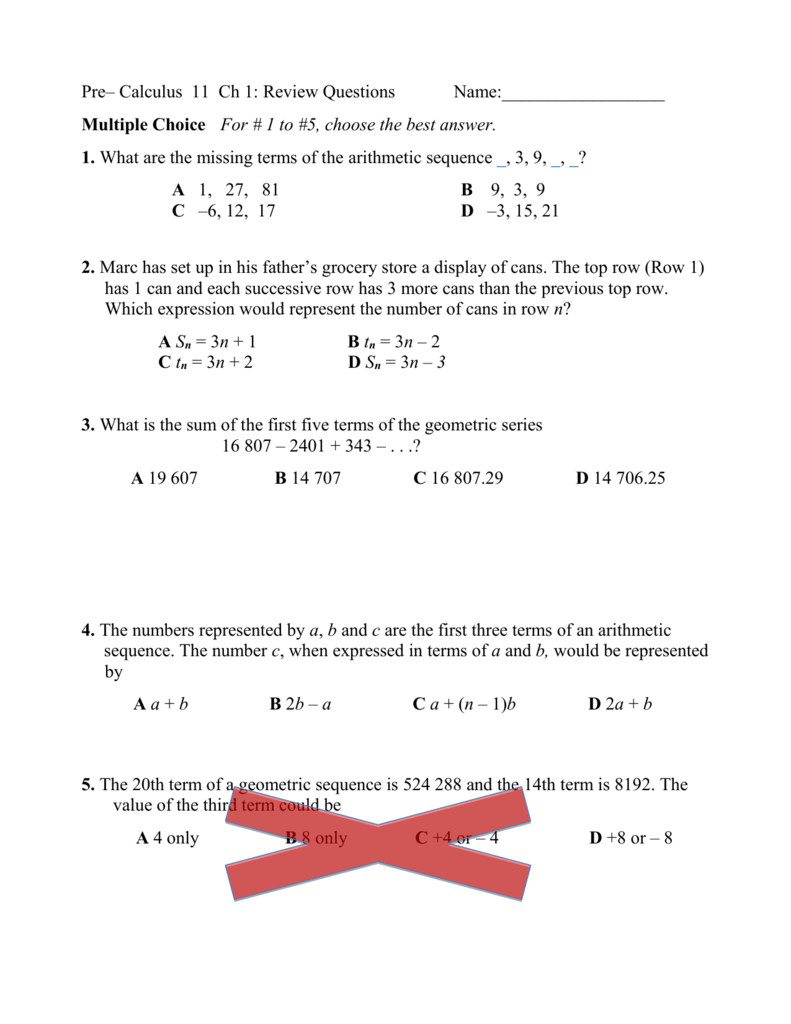 Pre Calculus 11 Ch 1 Practice Test Name Pre Calculus 11 Ch 1 Practice Test Name
