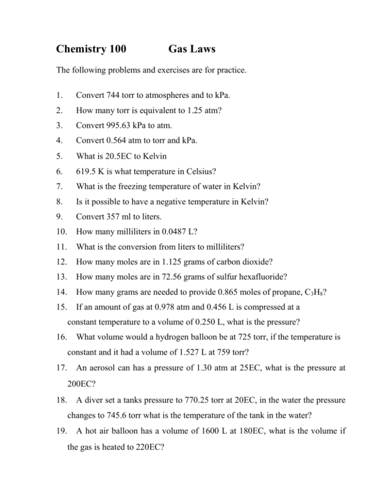 Chemistry 100Gas Lawskey
