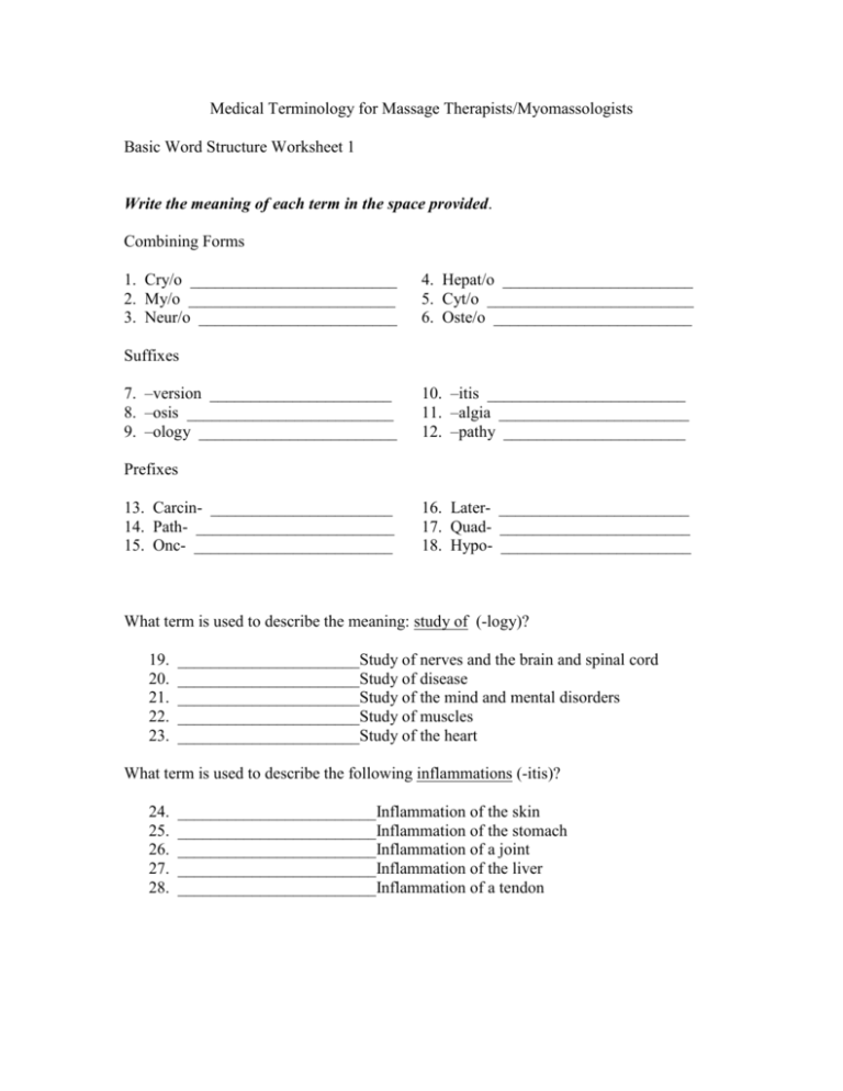 Medical Terminology Worksheet Medical Terminology Worksheet