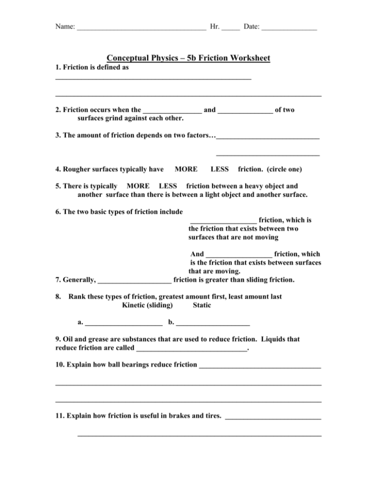 Conceptual Physics Friction Worksheet Conceptual Physics Friction Worksheet
