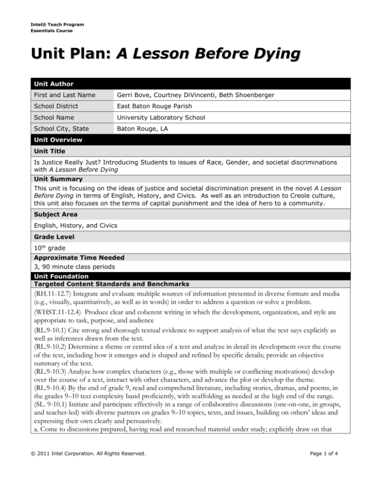 A Lesson Before Dying Unit Plan: Justice, Race, and Society