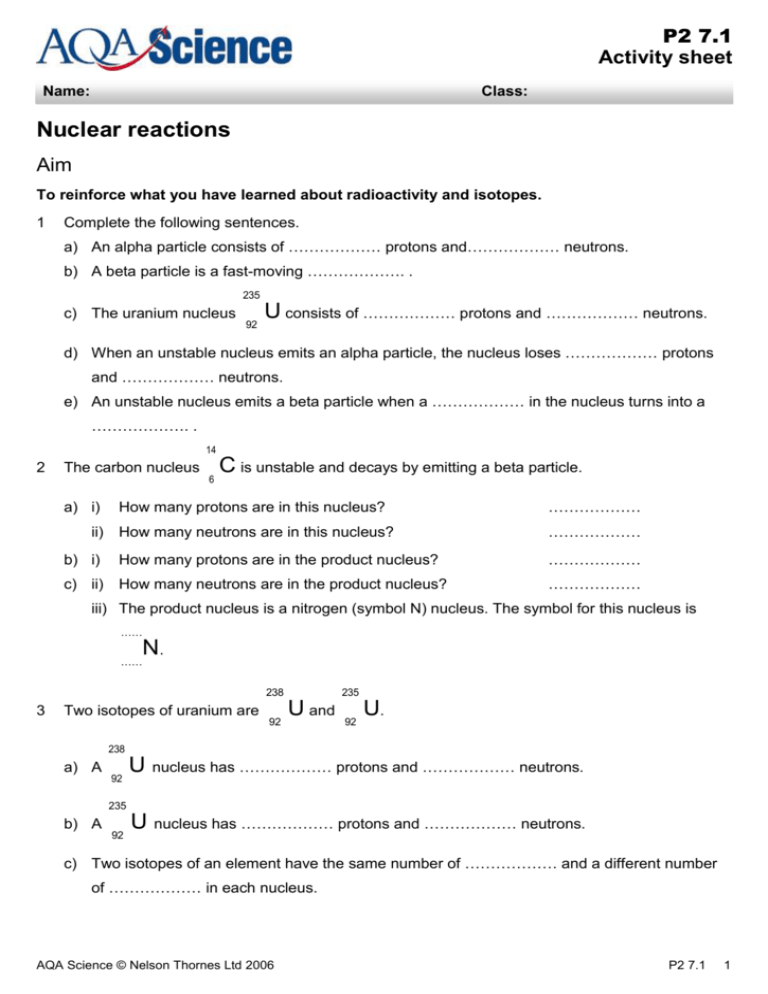 Nuclear Reactions Activity Sheet: Isotopes & Radioactivity
