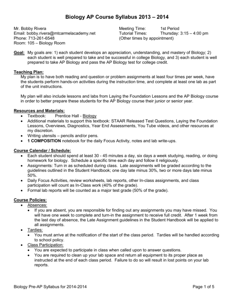 Biology Pre-AP Course Syllabus 2013-2014