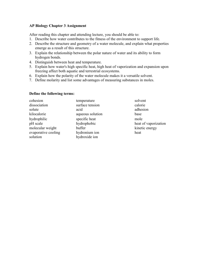 AP Biology Chapter 3 Assignment AP Biology Chapter 3 Assignment