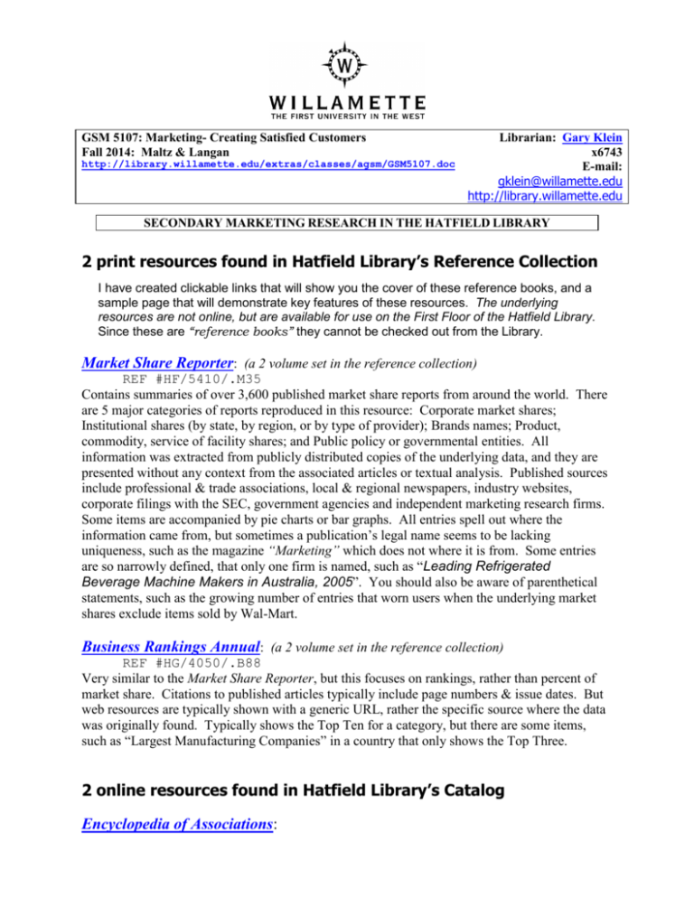 Secondary Marketing Research In The Hatfield Library