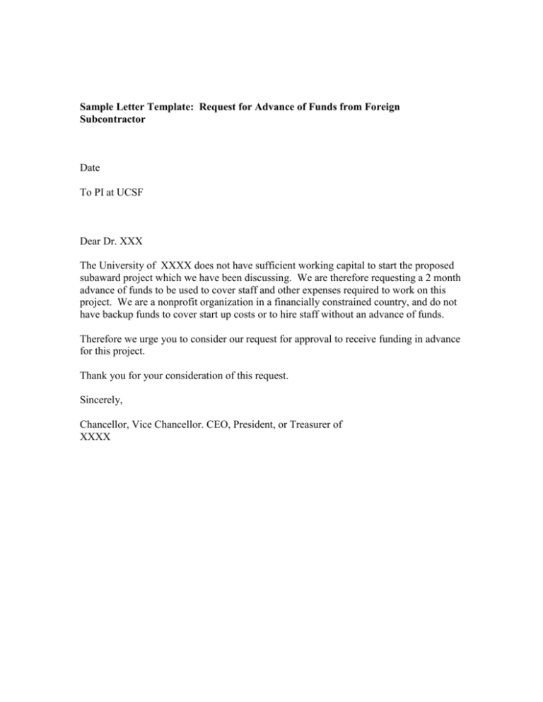 Sample Letter Template Request For Advance Of Funds From Sample Letter Template Request For Advance Of Funds From