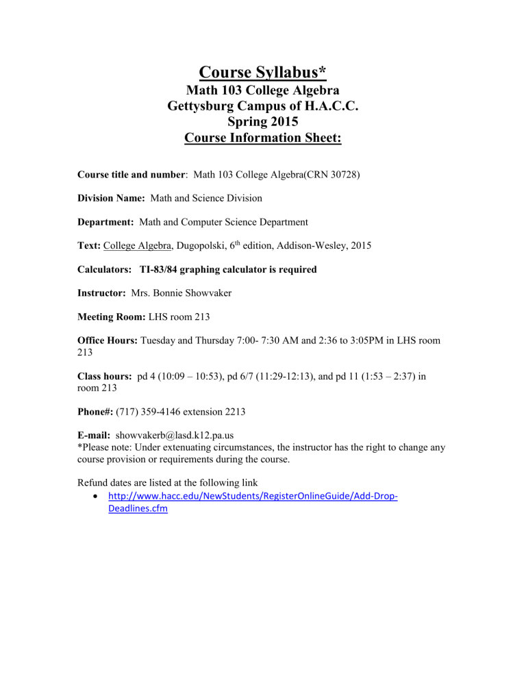 Math 102 Course Syllabus 