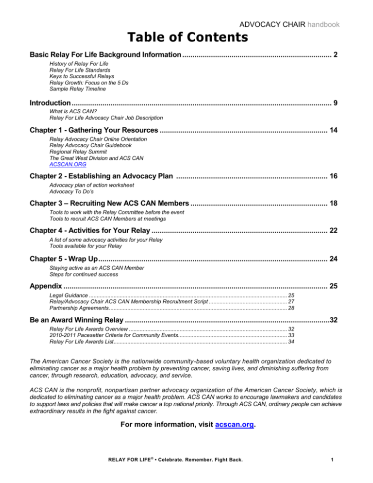 2011 Relay For Life Advocacy Chair Guidebook