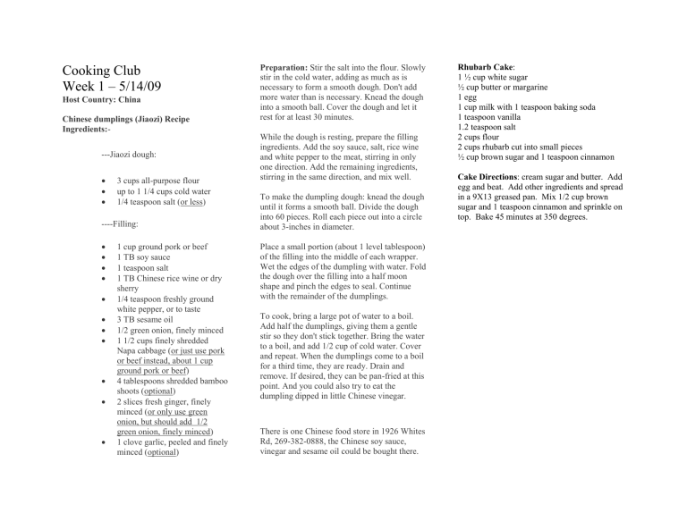 Cooking Club Recipes 2009 Cooking Club Recipes 2009