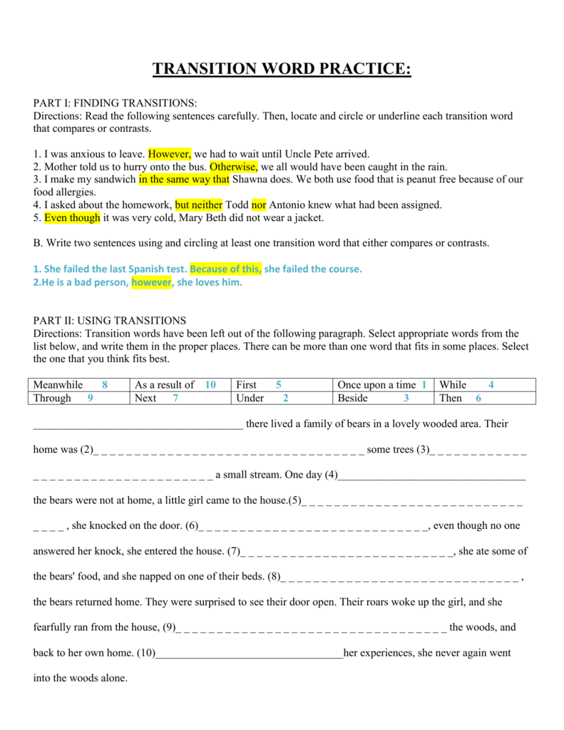 TRANSITION WORD PRACTICE 