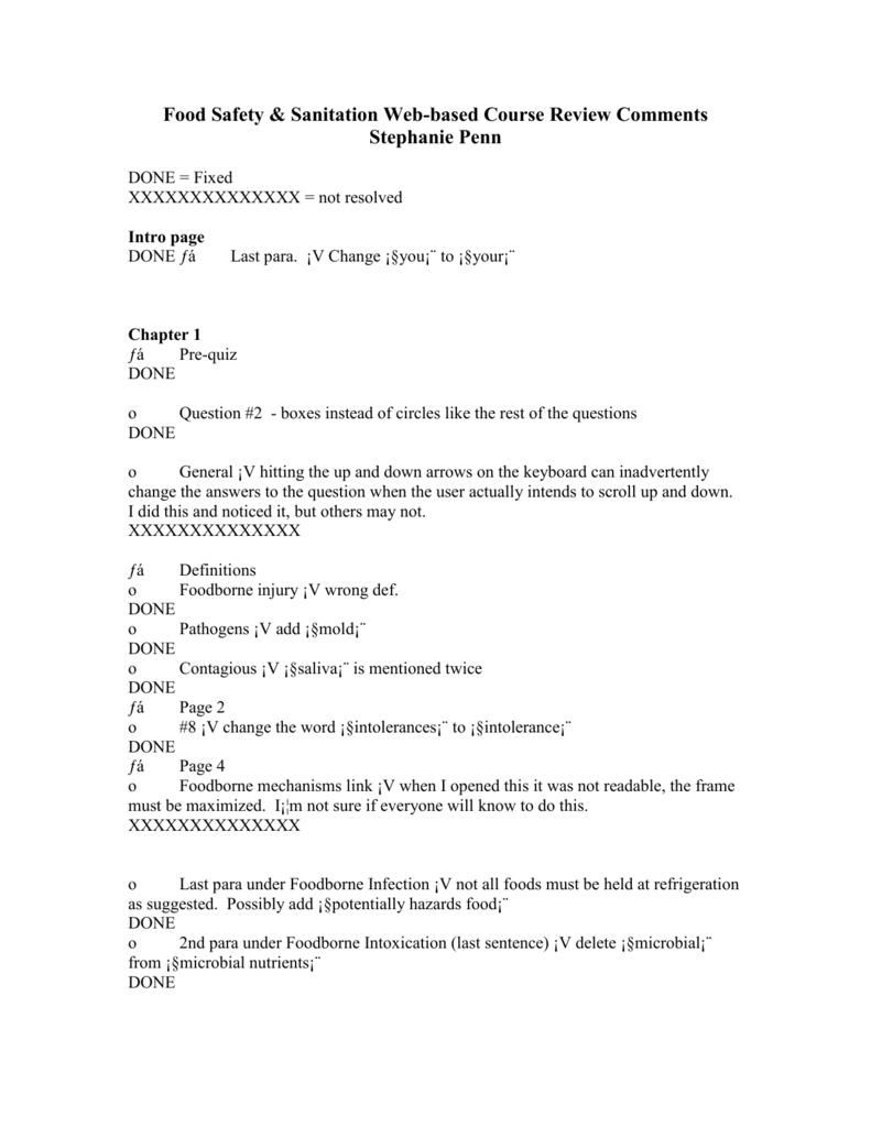 Food Safety Sanitation Web based Course Review Comments