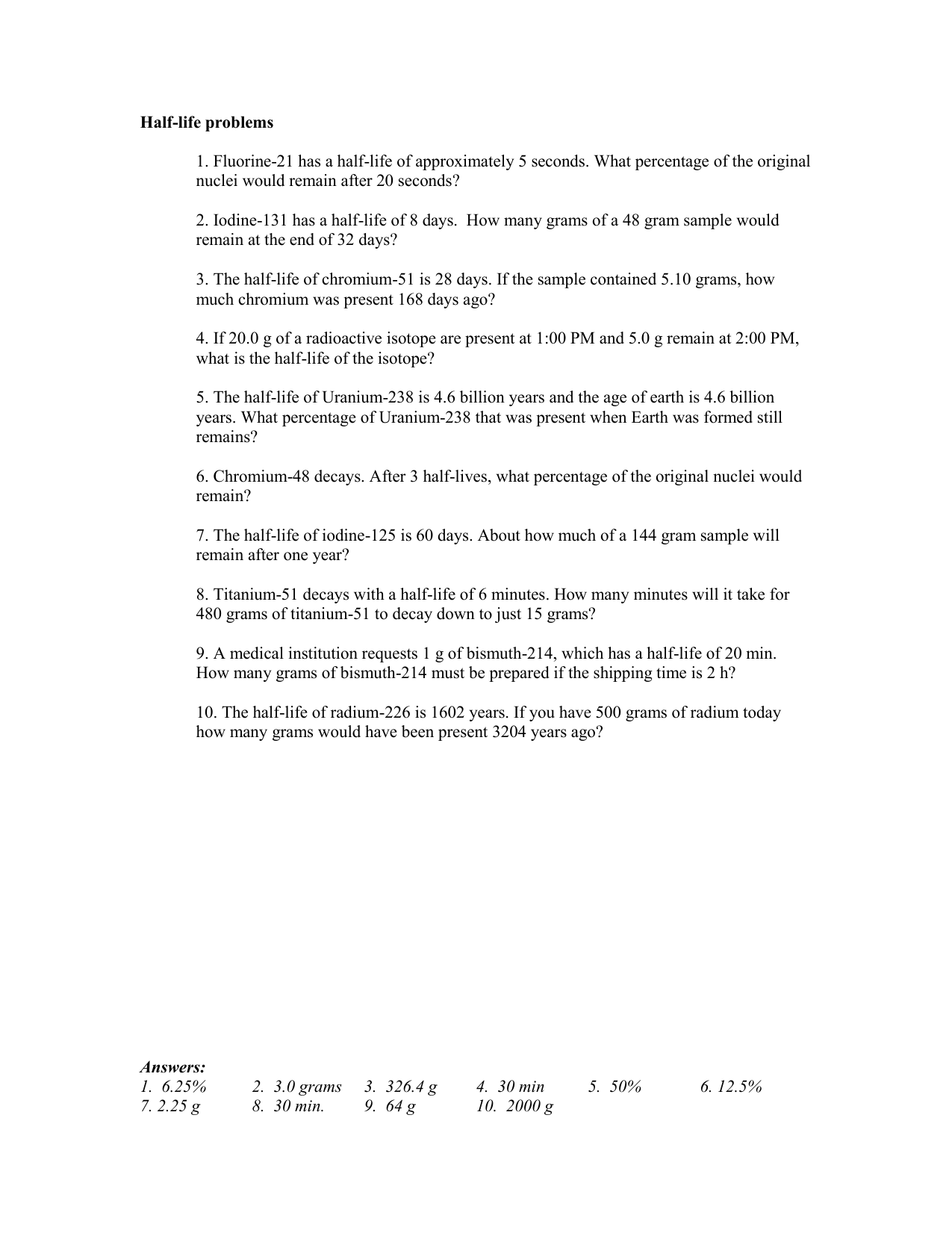 Half Life Worksheet Half Life Worksheet