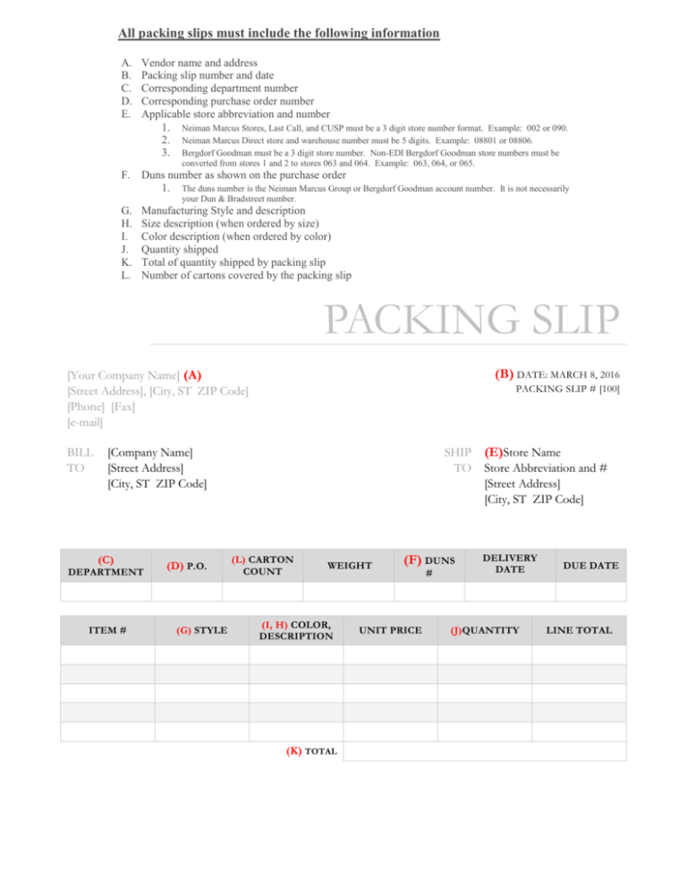 Packing Slip Example Packing Slip Example