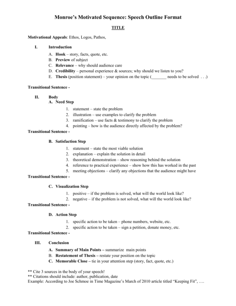 Monroe s Motivated Sequence Speech Outline Format Monroe s Motivated Sequence Speech Outline Format