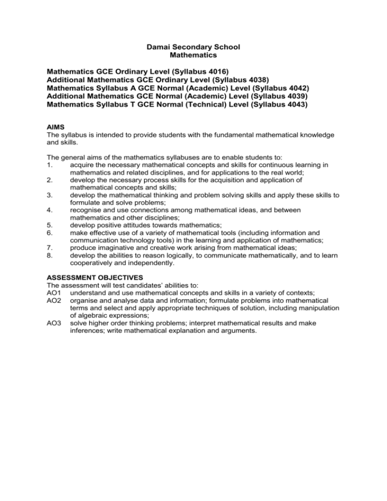 4042 Maths Syllabus A Secondary 4 Normal Academic