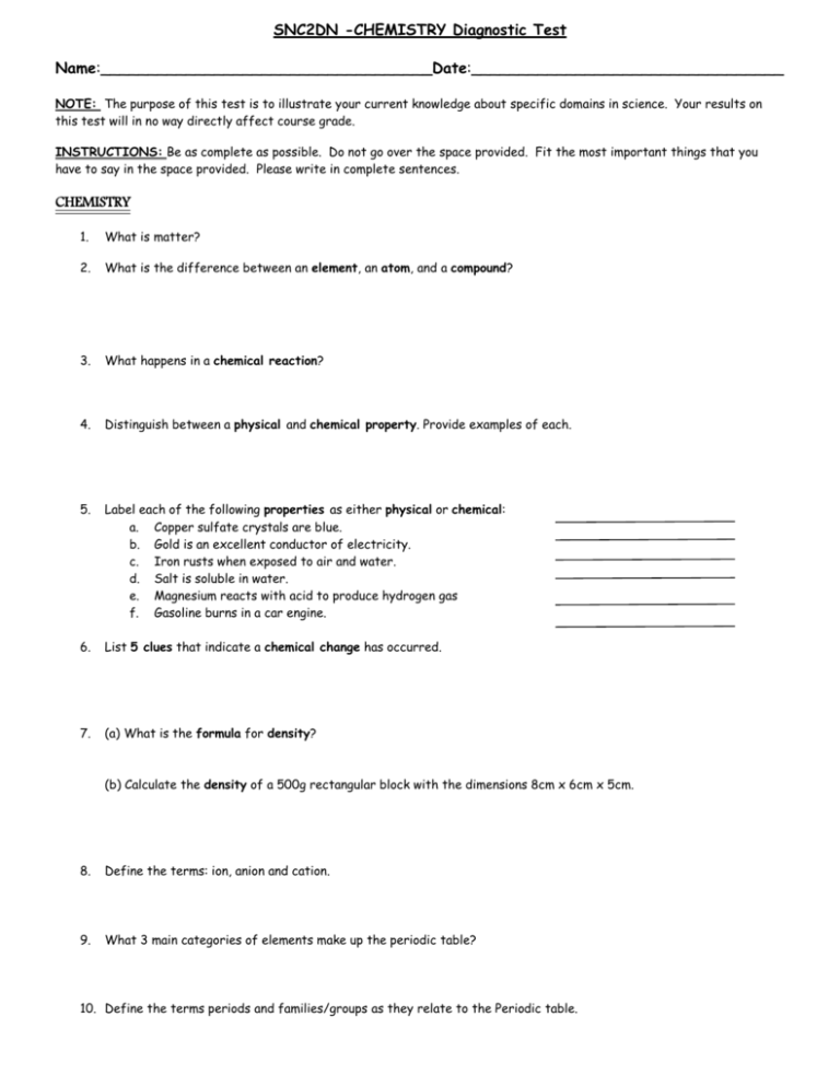 Chemistry Diagnostic Test High School Level Chemistry Diagnostic Test High School Level
