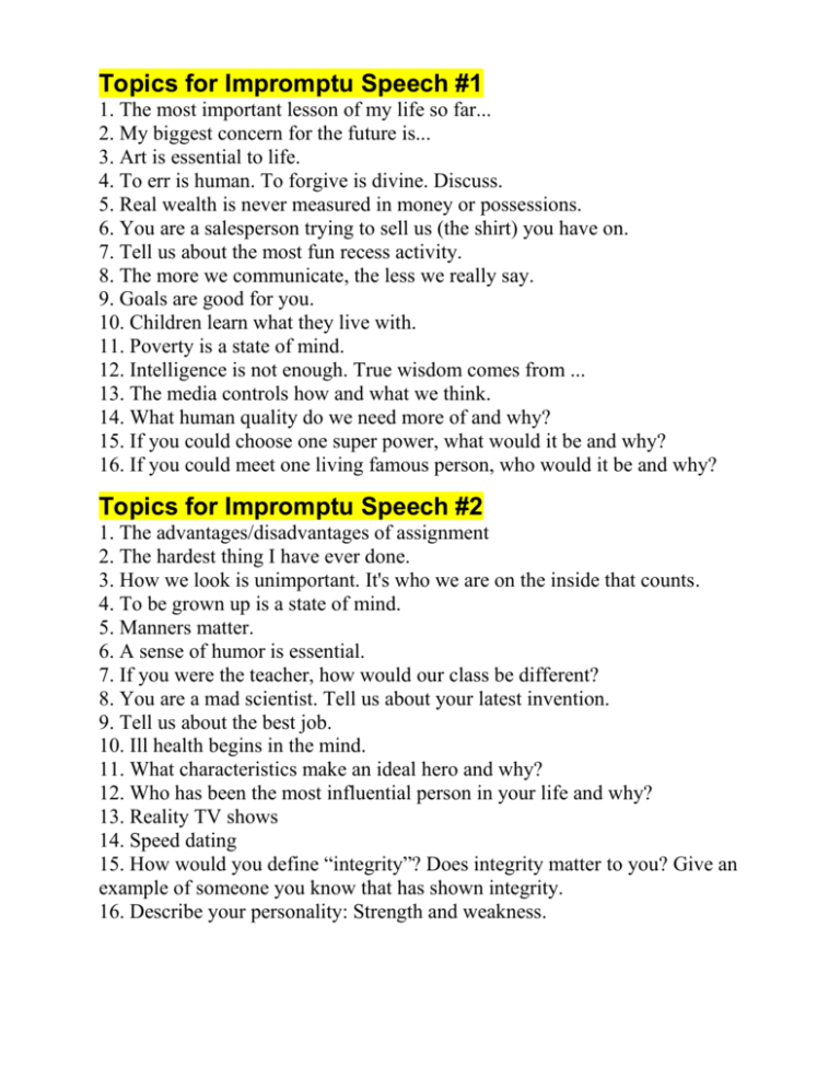 Topics For Impromptu Speech 1