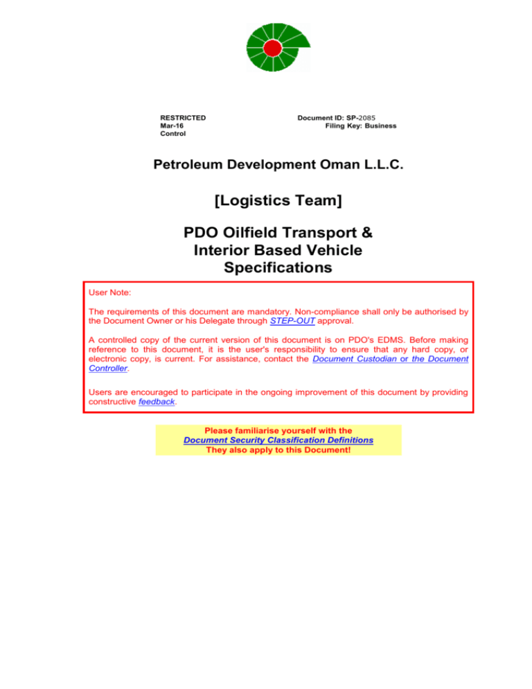 PDO Oilfield Transport & Interior Based Vehicle Specifications