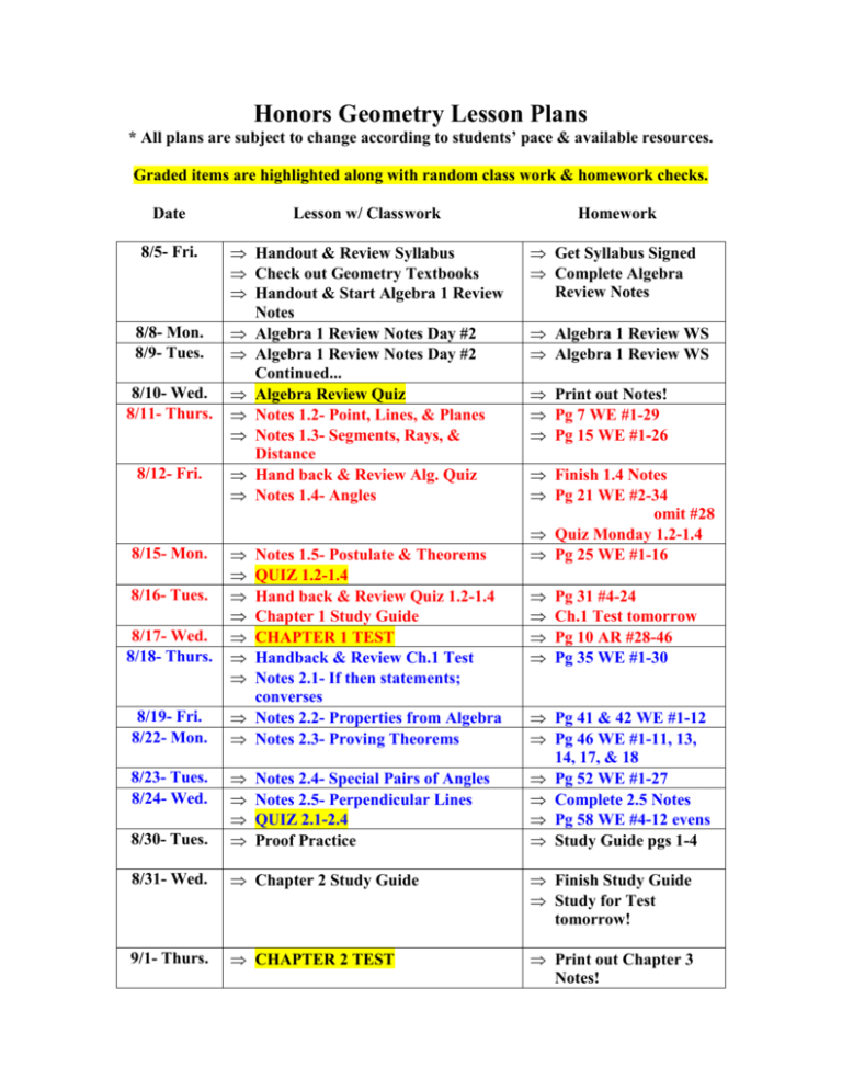Honors Geometry Lesson Plans Honors Geometry Lesson Plans
