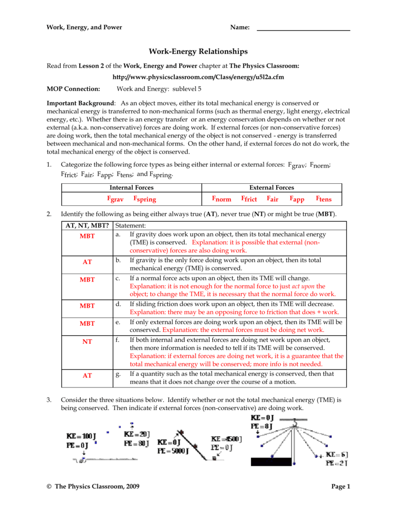 Work And Energy Worksheet Answers
