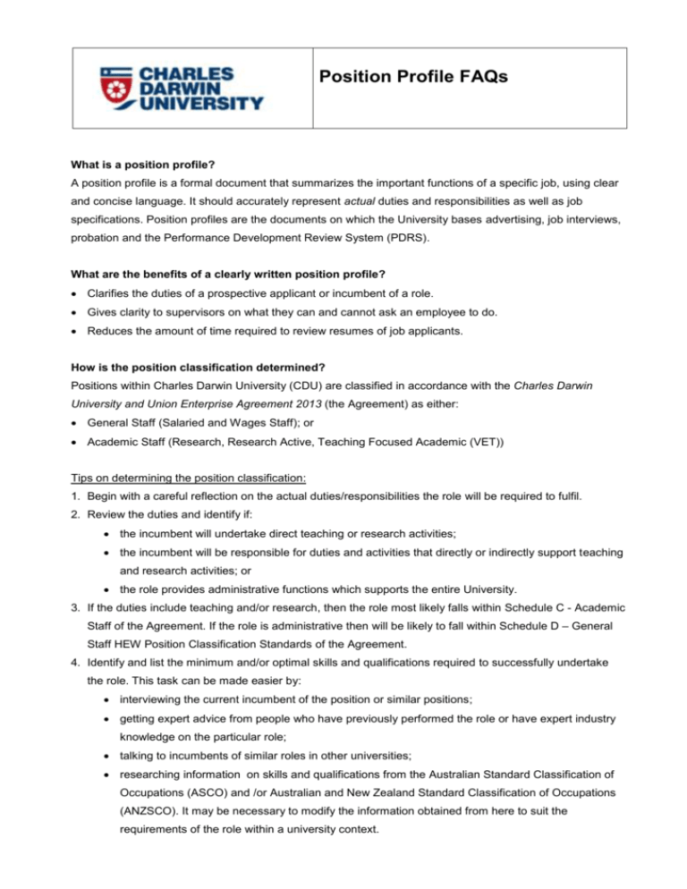 Position Profile FAQs - Charles Darwin University