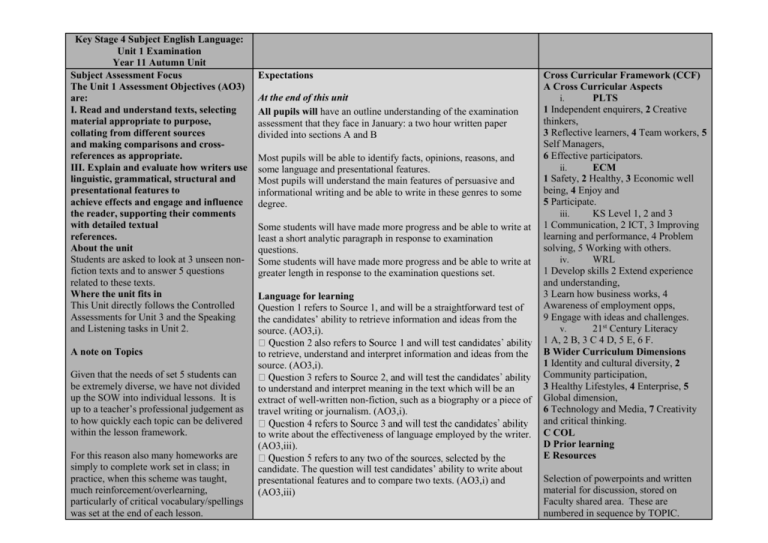 Key Stage 4 Subject English Language Unit 1 Examination