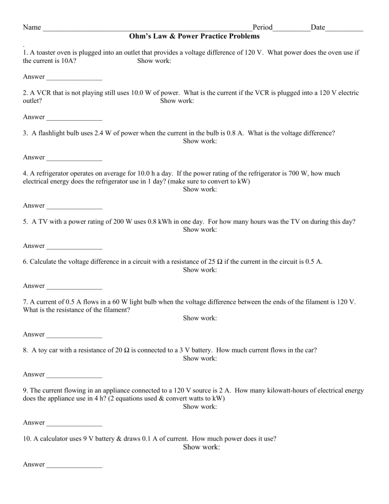 Ohm s Law Power Practice Problems