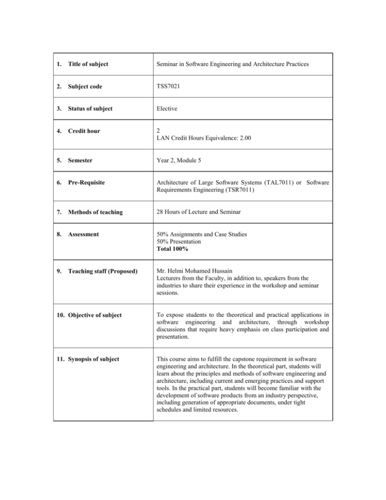 Seminar In Software Engineering Architecture Practices