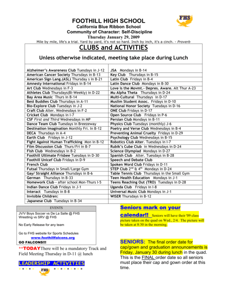 1 29 Bulletin Foothill High School