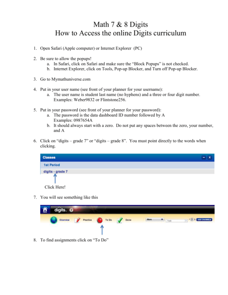 Digits Log in Instructions
