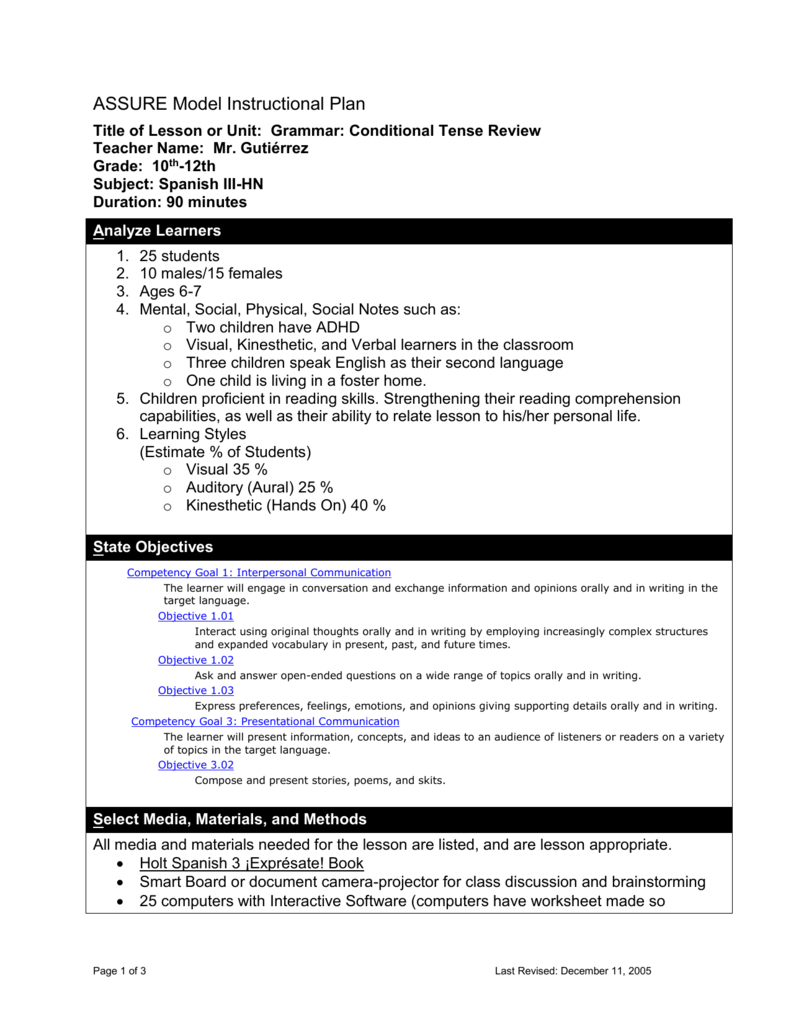 ASSURE Model Instructional Plan Template ASSURE Model Instructional Plan Template