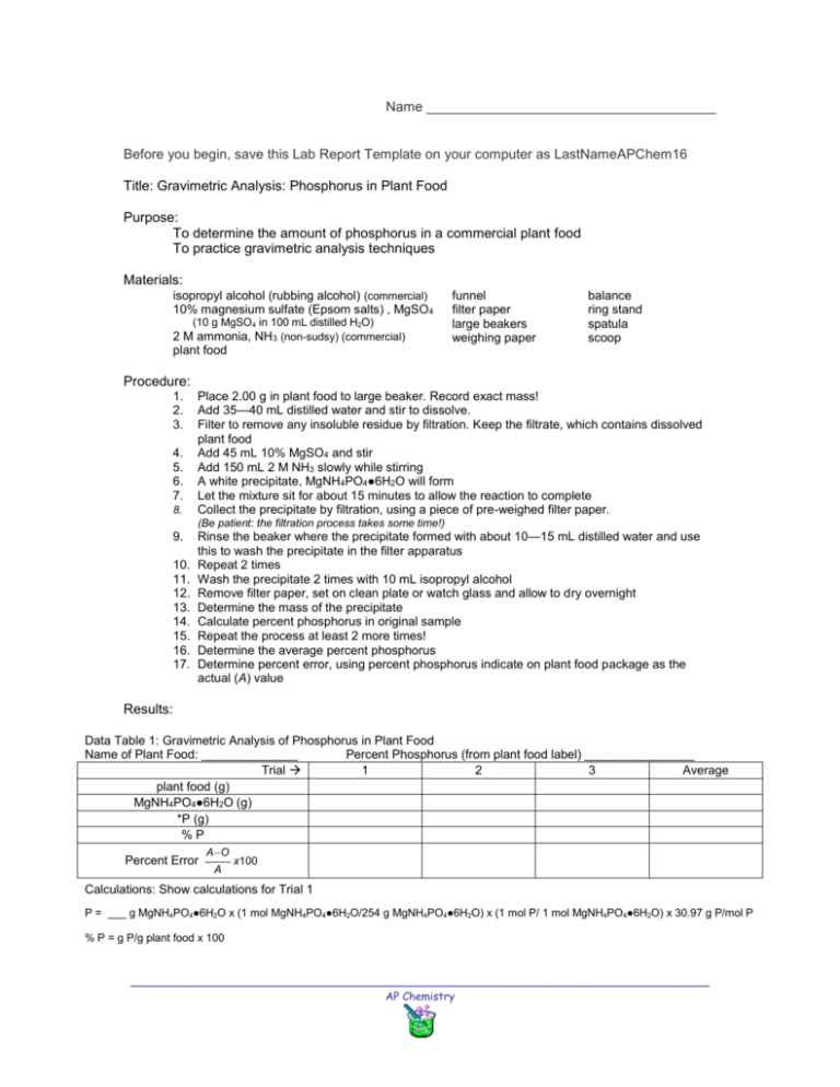 Gravimetric Analysis Phosphorus In Plant Food Lab Report
