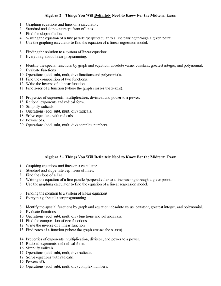 Algebra 2 Things You Will Definitely Need To Know For The Algebra 2 Things You Will Definitely Need To Know For The