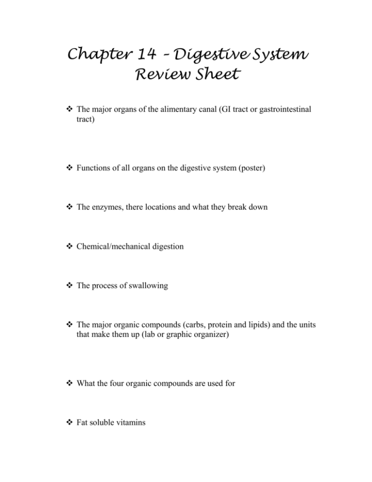 Chapter 14 Digestive System Review Sheet