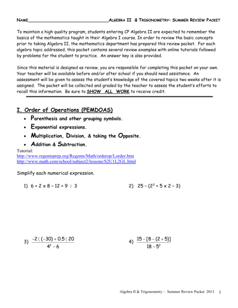 Algebra 2 Regents Review Packet Answer Key Algebra 2 Regents Review Packet Answer Key
