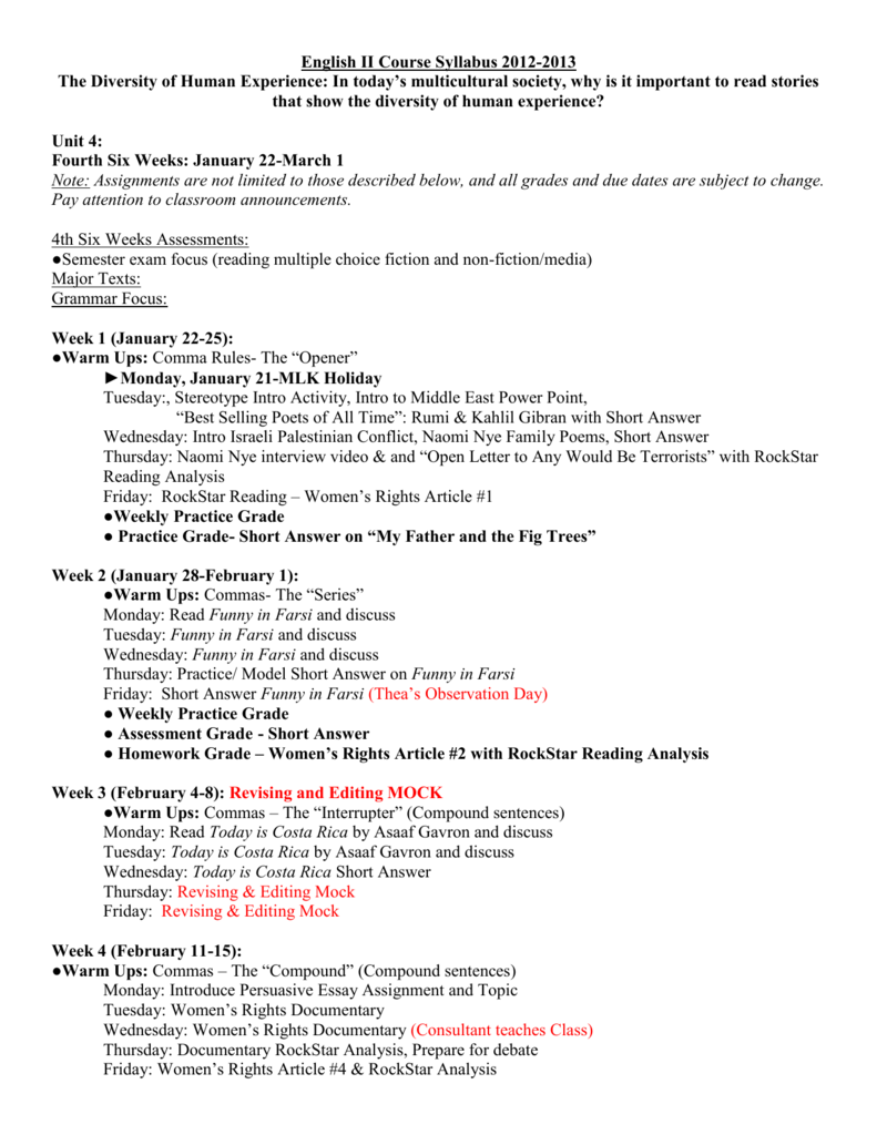 Academic English II Unit 4 Syllabus Academic English II Unit 4 Syllabus