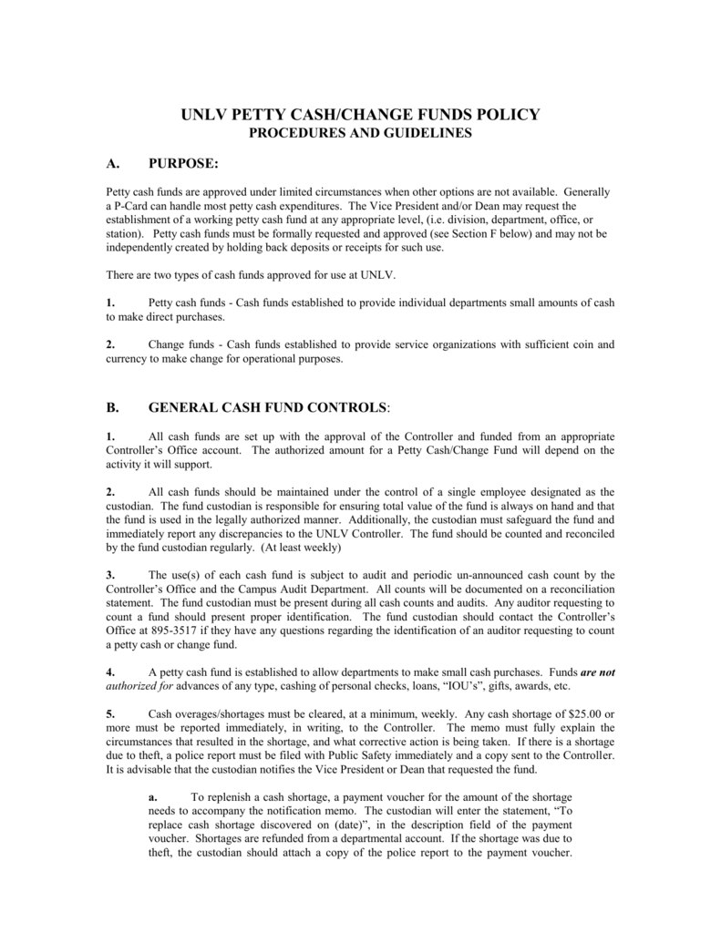 PETTY CASH CHANGE FUNDS POLICY PETTY CASH CHANGE FUNDS POLICY