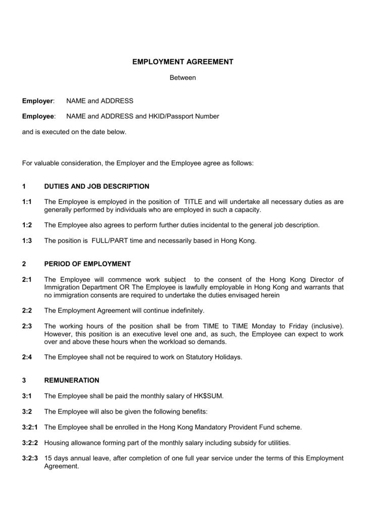 CONTRACT OF EMPLOYMENT The Hong Kong Visa Geeza