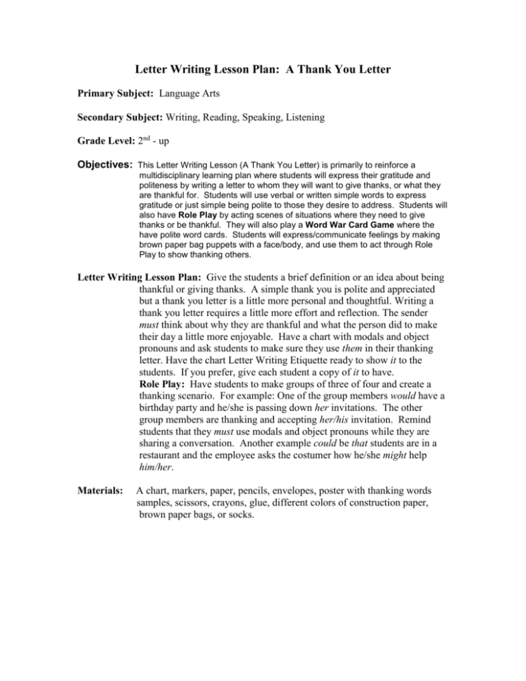 Letter Writing Lesson Plan A Thank You Letter Letter Writing Lesson Plan A Thank You Letter