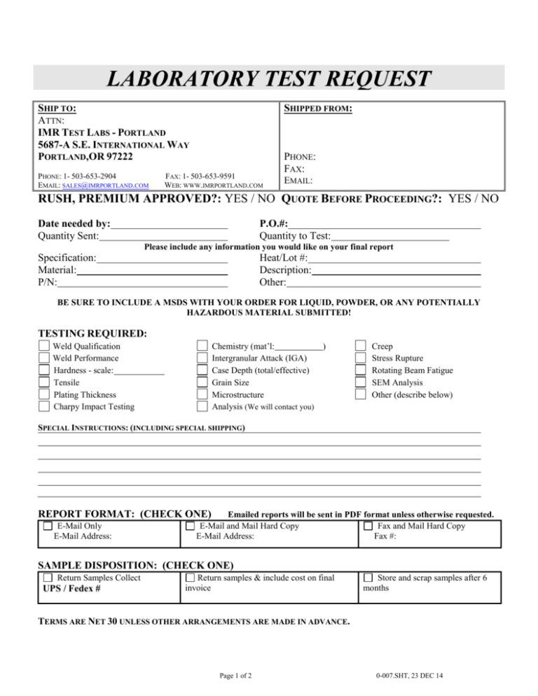 LABORATORY TEST REQUEST LABORATORY TEST REQUEST
