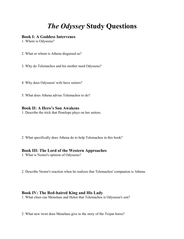 The Odyssey Study Questions: Books I-XXIV